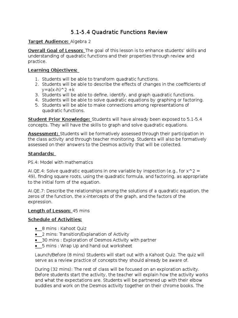Quadratic Functions Review Activities | PDF | Quadratic Equation ...