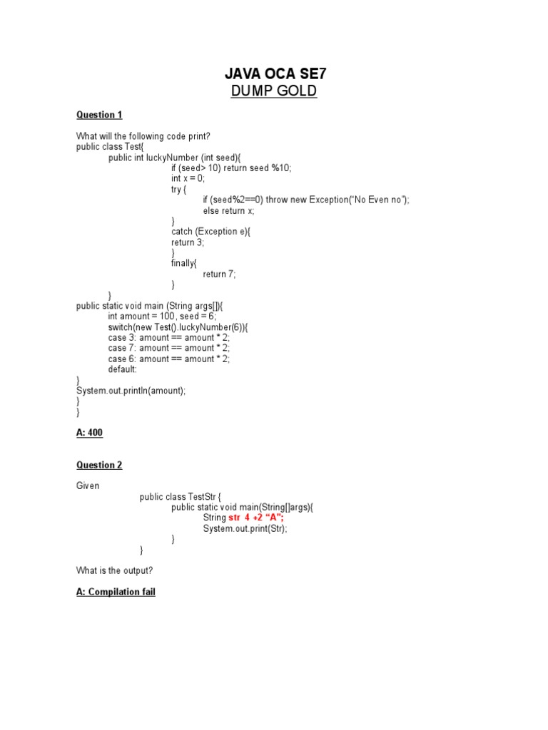 Java OCA SE7 Exam Code Snippet Analysis | PDF | C (Programming Language) | Parameter (Computer ...