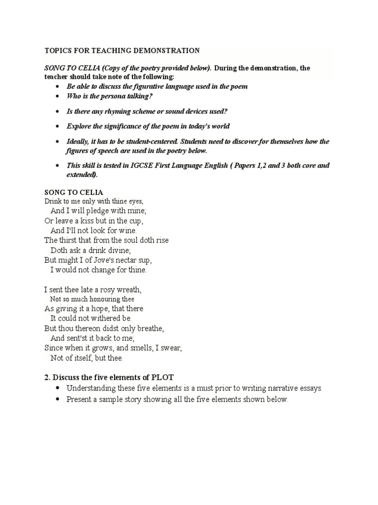 Topics For Teaching Demonstration: Drink To Me Only With Thine Eyes | PDF