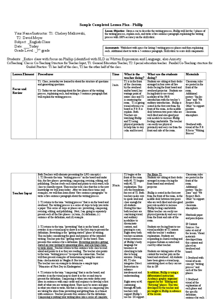 Sample Completed Lesson Plan - Phillip | PDF | Classroom | Lesson Plan