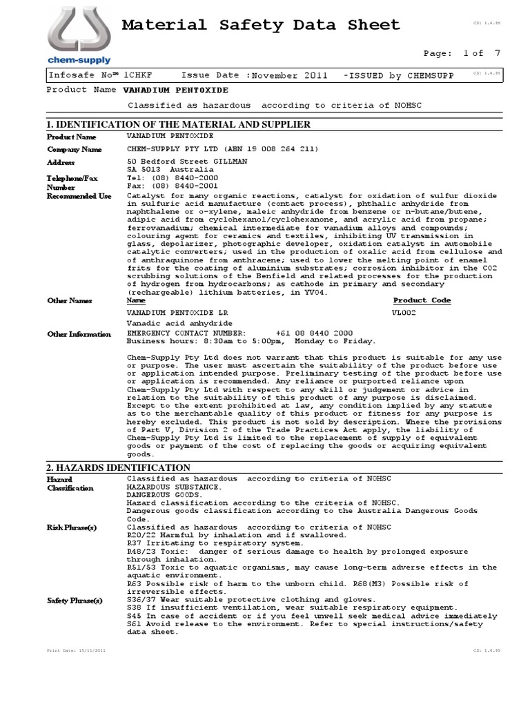 Material Safety Data Sheet for Vanadium Pentoxide | PDF | Occupational ...