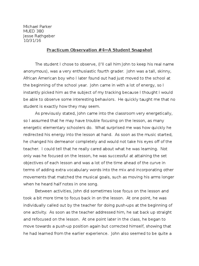 Practicum Observation #4-A Student Snapshot | PDF | Conversation | Teachers