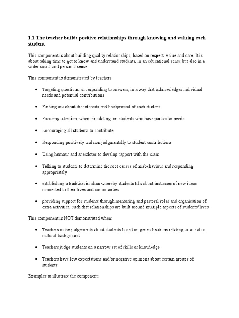 1.1 The Teacher Builds Positive Relationships Through Knowing and ...