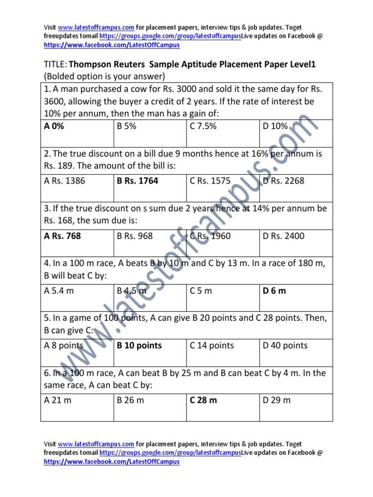 Thompson Reuters Sample Aptitude Placement Paper Level1 PDF | PDF
