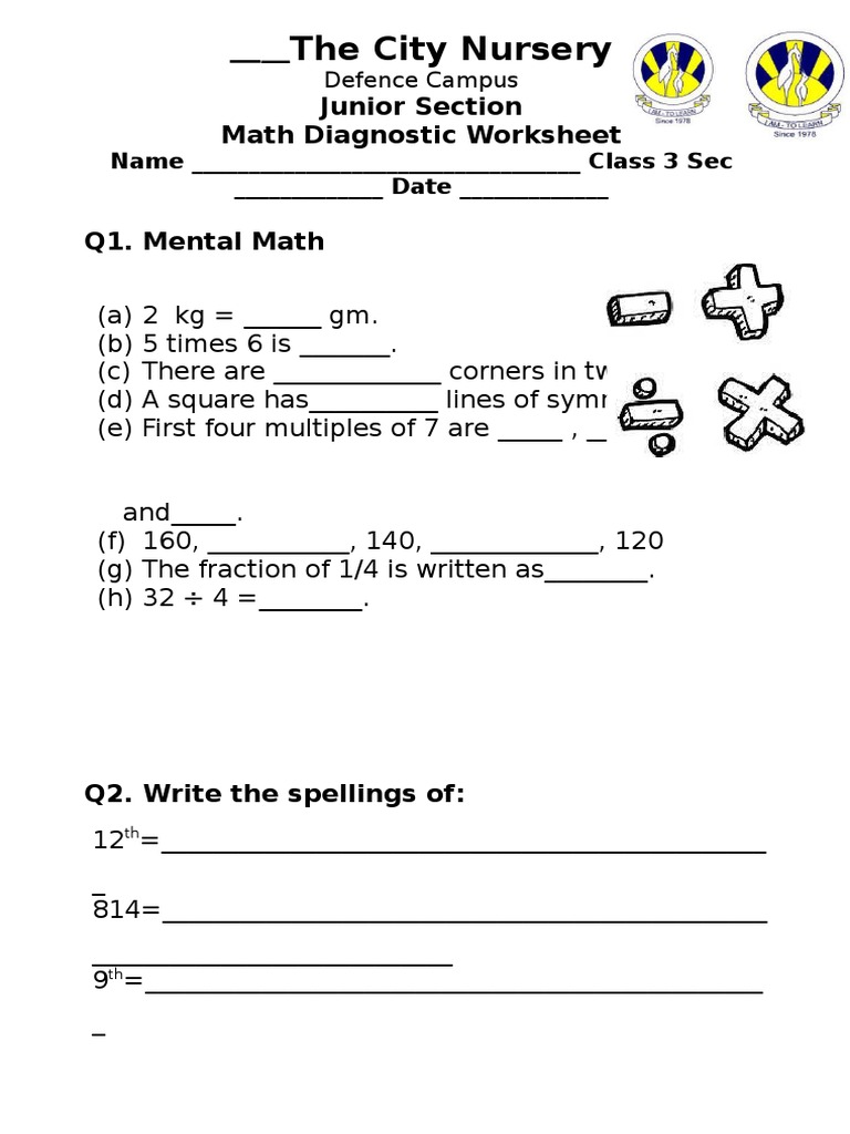 Diagnostic Worksheet Math Class 3 Final | PDF | Teaching Mathematics