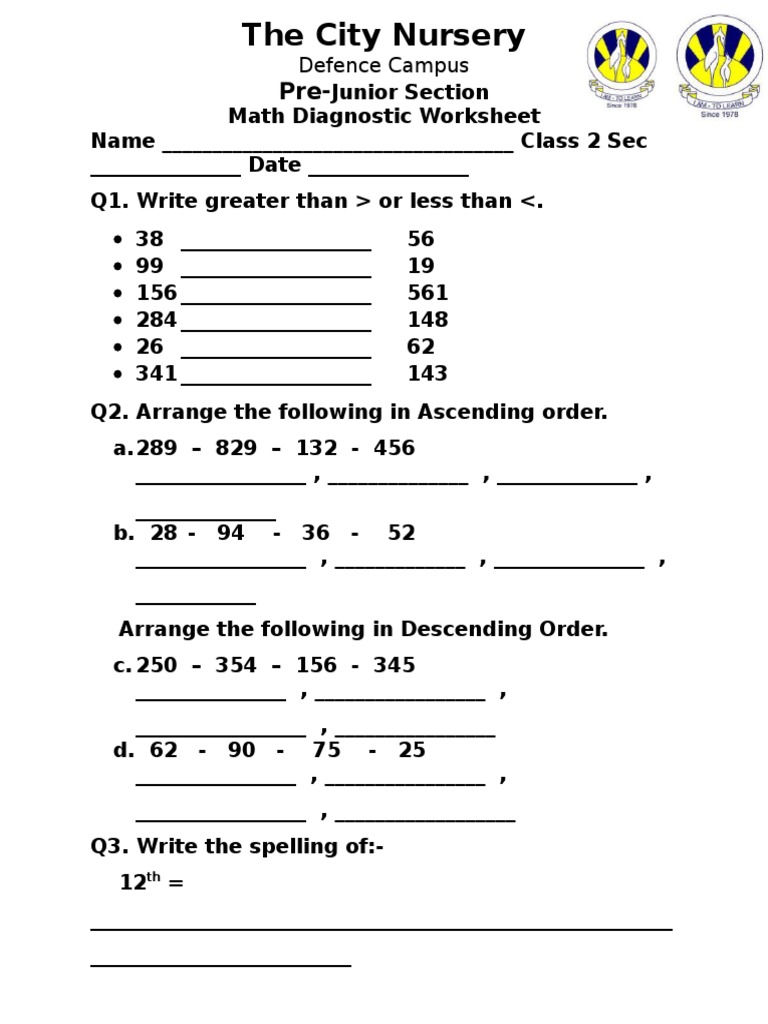 Diagnostic Worksheet Math Class 2-1 | PDF