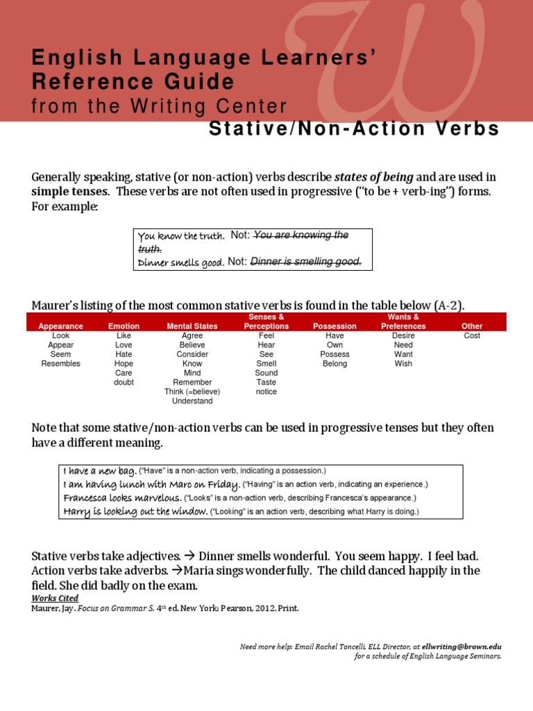Stative Non Action Verbs | PDF
