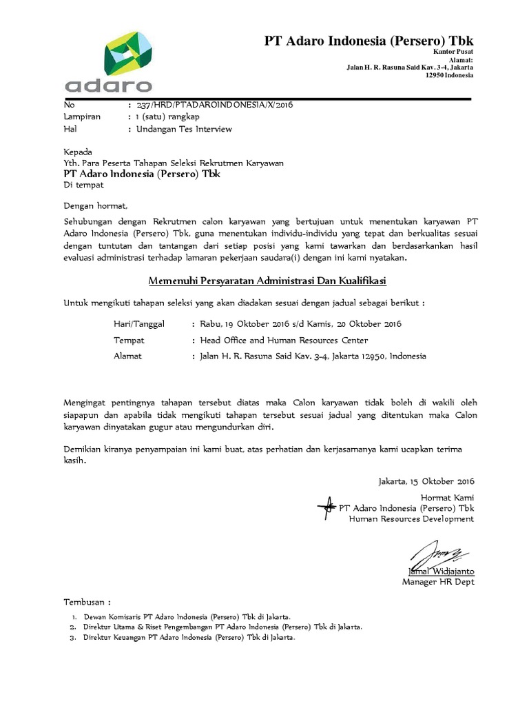 Surat Undangan Tes Seleksi Rekrutmen PT Adaro Indonesia (Persero) TBK | PDF