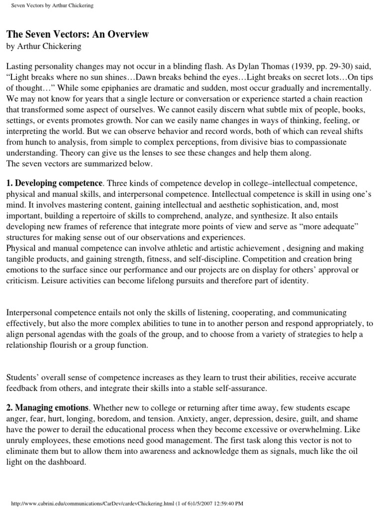 The Seven Vectors: An Overview of Arthur Chickering's Theory of College ...