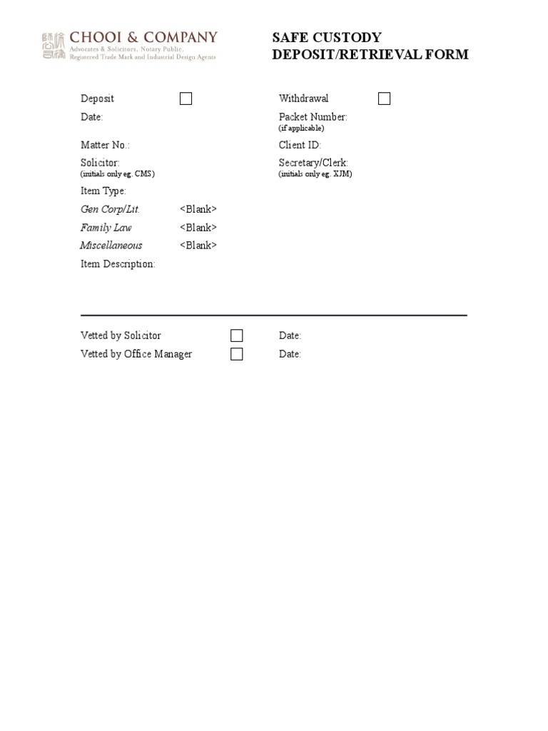 Safe Custody Form | PDF