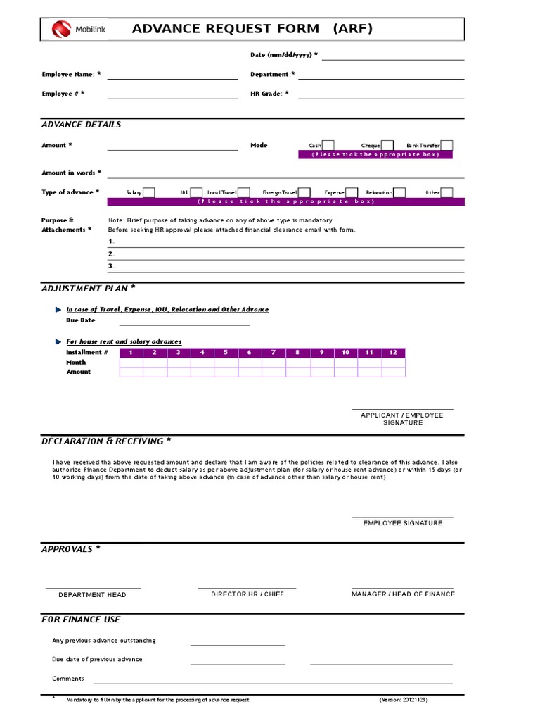 Advance Request Form | PDF