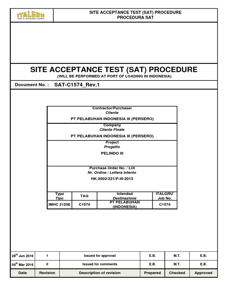 2.6 - SAT - C1574 - SAT Procedure PDF | PDF | Crane (Machine) | Electricity