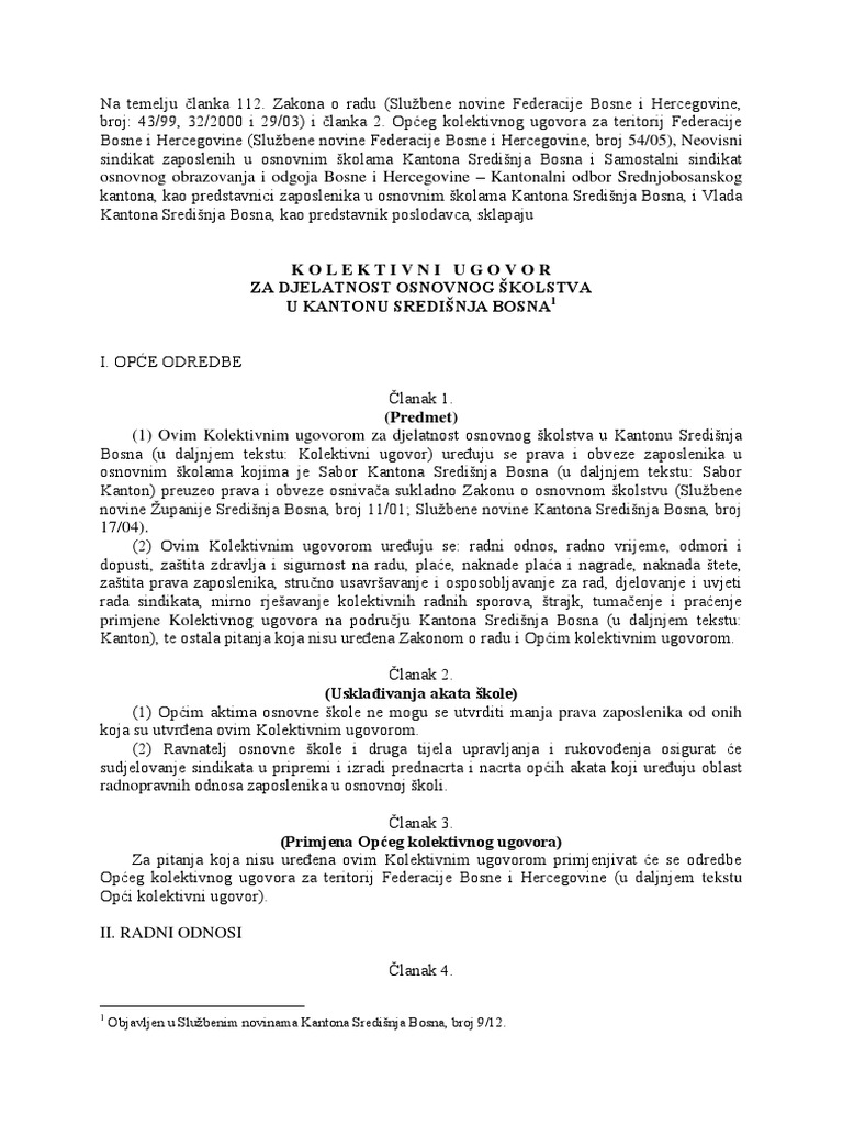 Kolektivni Ugovor Za Djelatnost Osnovnog Skolstva U KSB | PDF