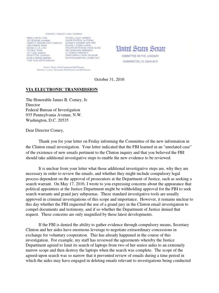 Judicial Committee Letter to FBI Director James Comey | Federal Bureau ...