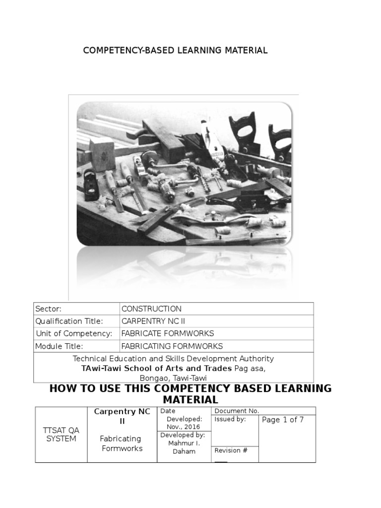 TTSAT CBLM Fabricating Formworks | PDF | Educational Assessment | Competence (Human Resources)