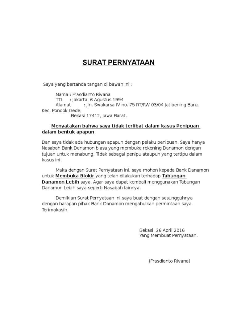 Surat Pernyataan Nasabah Bank Danamon | PDF | Hukum