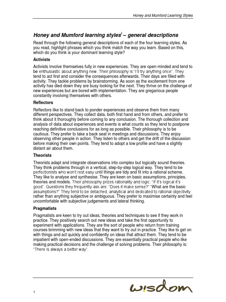 Coaching Honey and Mumford Learning Styles | PDF | Learning Styles | Logic