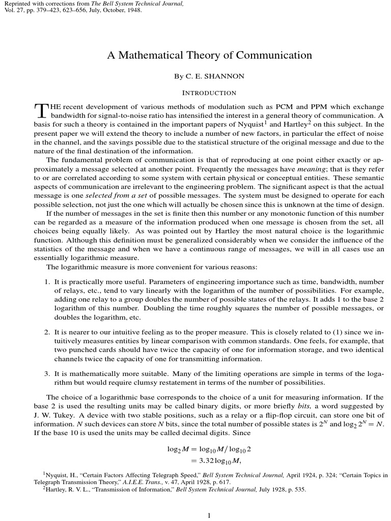 A Mathematical Theory of Communication (Reprint) -- C E Shannon ...