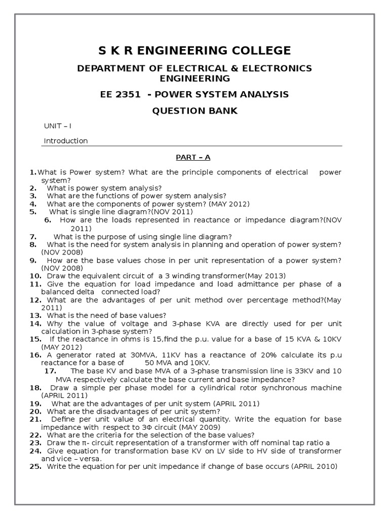 PSA Question Bank | PDF | Electrical Impedance | Electric Power System