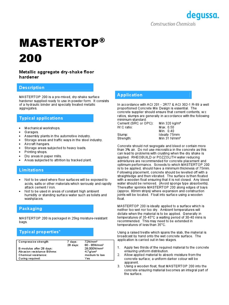 TDS - Mastertop 200 | PDF | Concrete | Cement