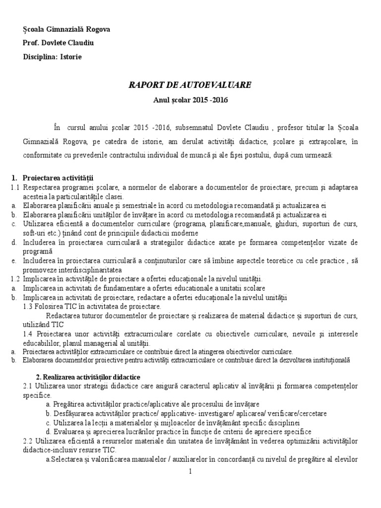 Model Raport Activitate Profesor Gimnaziu | PDF