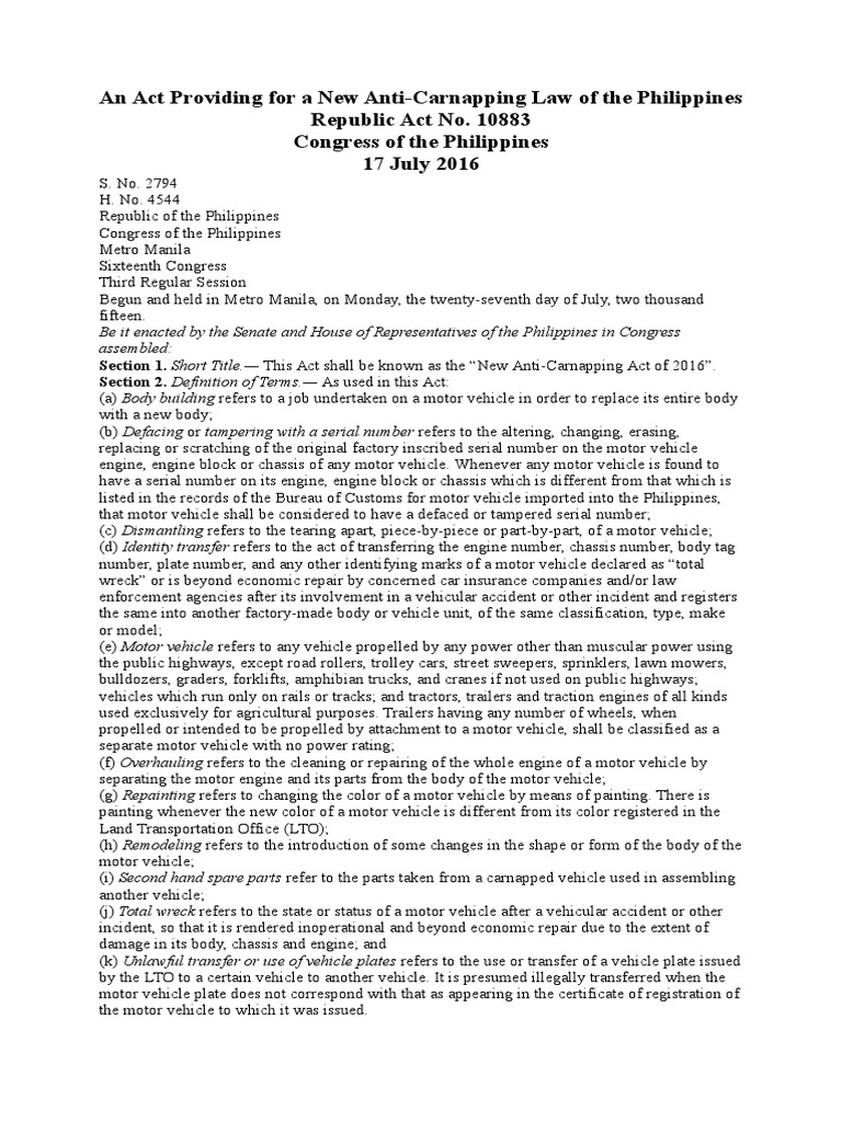 RA 108833-An Act Providing For A New Anti-Carnapping Law of The ...