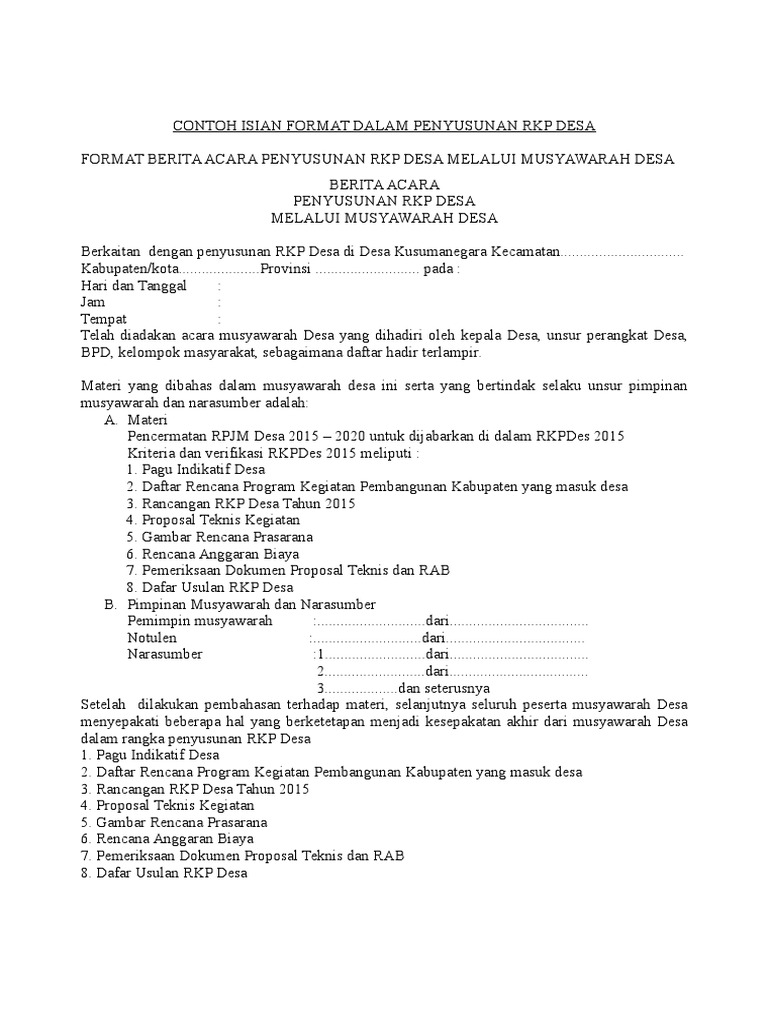 Contoh Isian Format Penyusunan RKPDes | PDF | Sains & Matematika