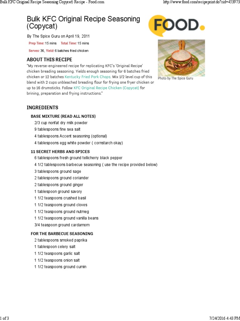 Bulk KFC Original Recipe Seasoning Copycat) Recipe - Food | PDF | Spice ...