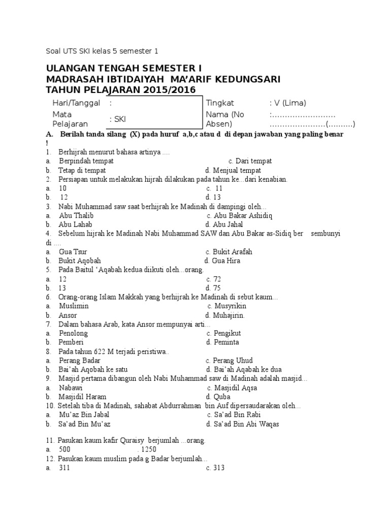 Soal UTS SKI Kelas 5 Semester 1 | PDF | Seni | Agama & Spiritualitas