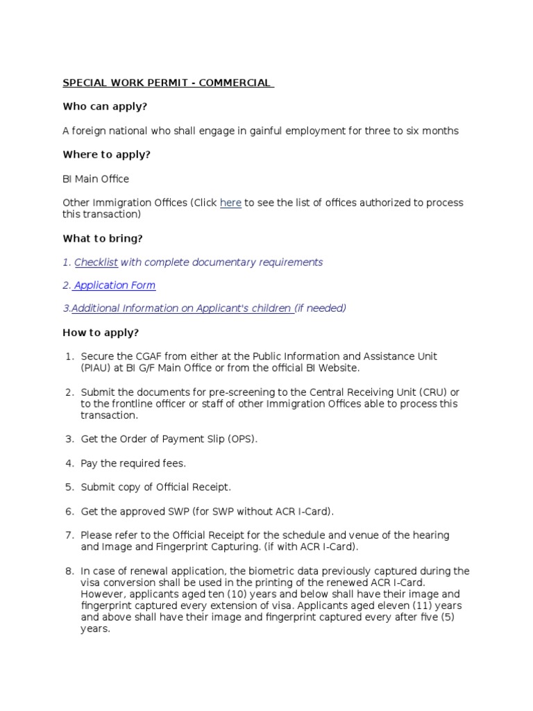 Special Work Permit - Commercial Who Can Apply? | PDF