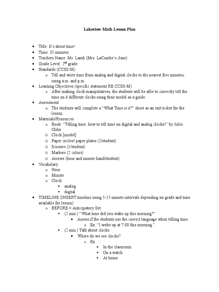 2nd Grade Time-Telling Lesson Plan | PDF | Foreign Language Studies