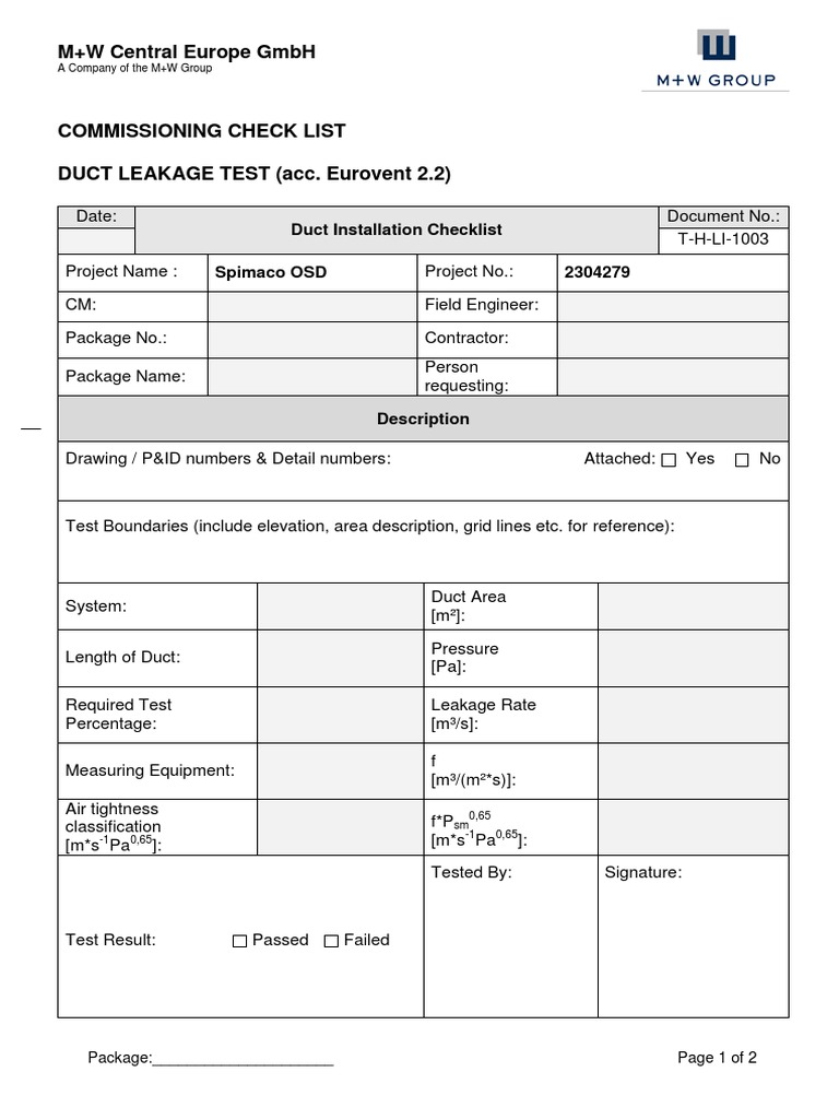 M+W Central Europe GMBH: Duct Installation Checklist Spimaco Osd ...