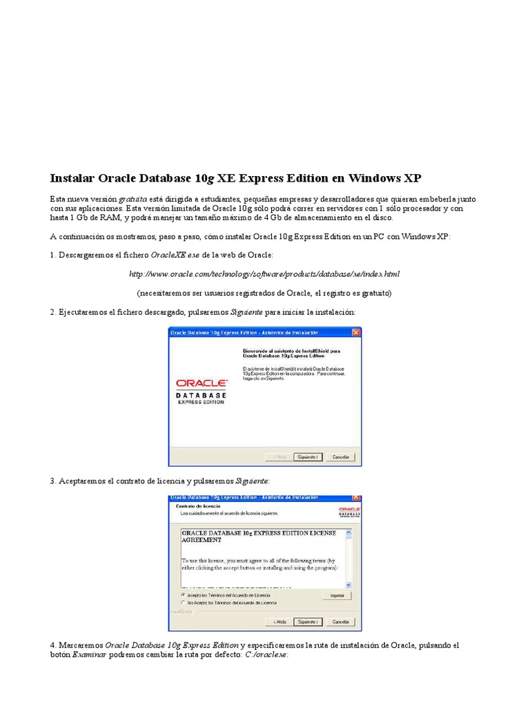 Instalar Oracle Database 10g XE Express Edition en Windows XP | PDF ...