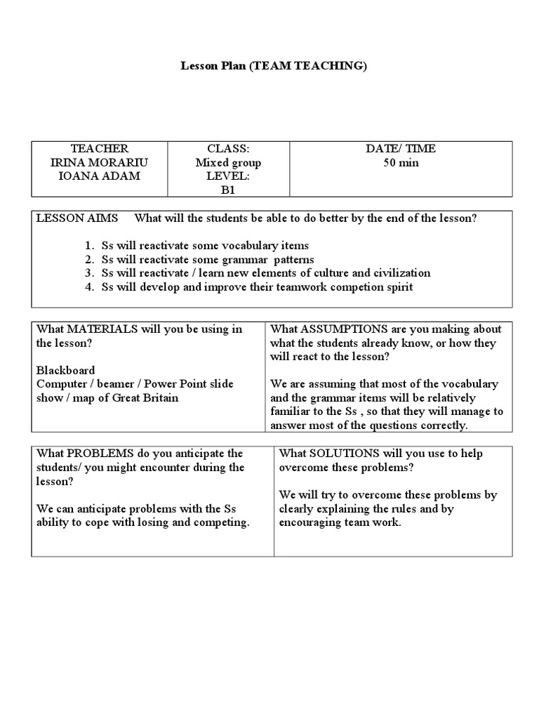Lesson Plan (TEAM TEACHING) | Download Free PDF | Homework | Teaching