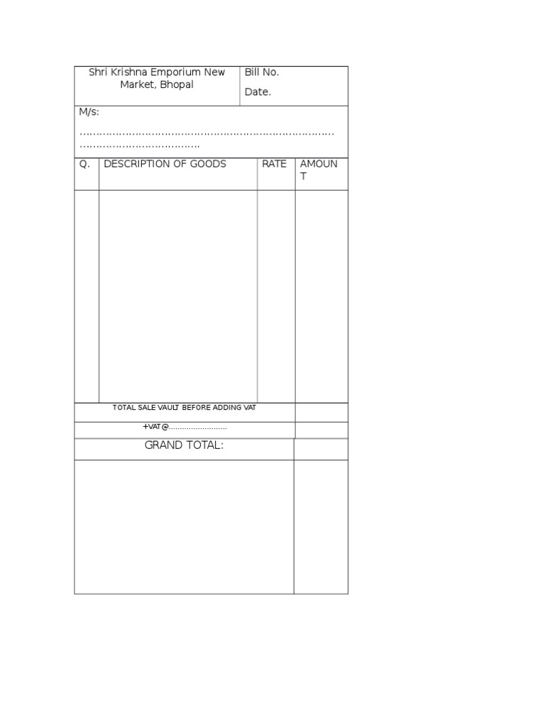Shri Krishna Emporium New Market, Bhopal Bill No. Date. M/S: . Q ...