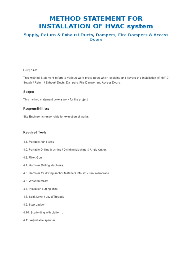 Method Statement For Installation of Hvac System | PDF