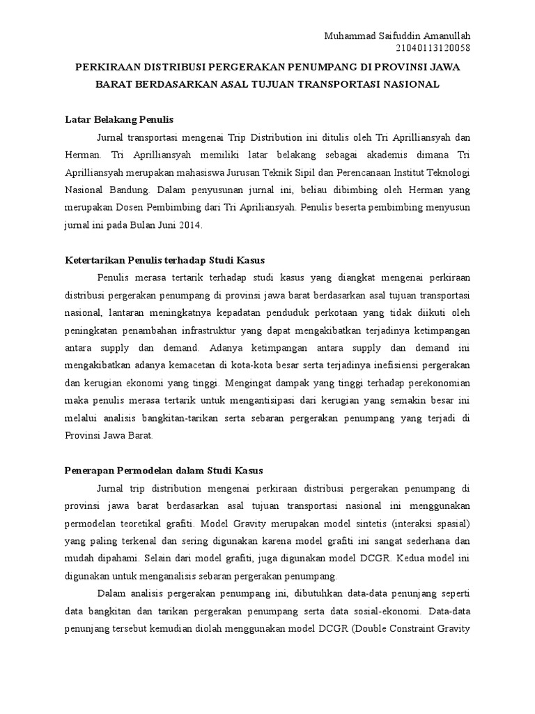 Review Jurnal - Trip Distribution Model Gravity | PDF