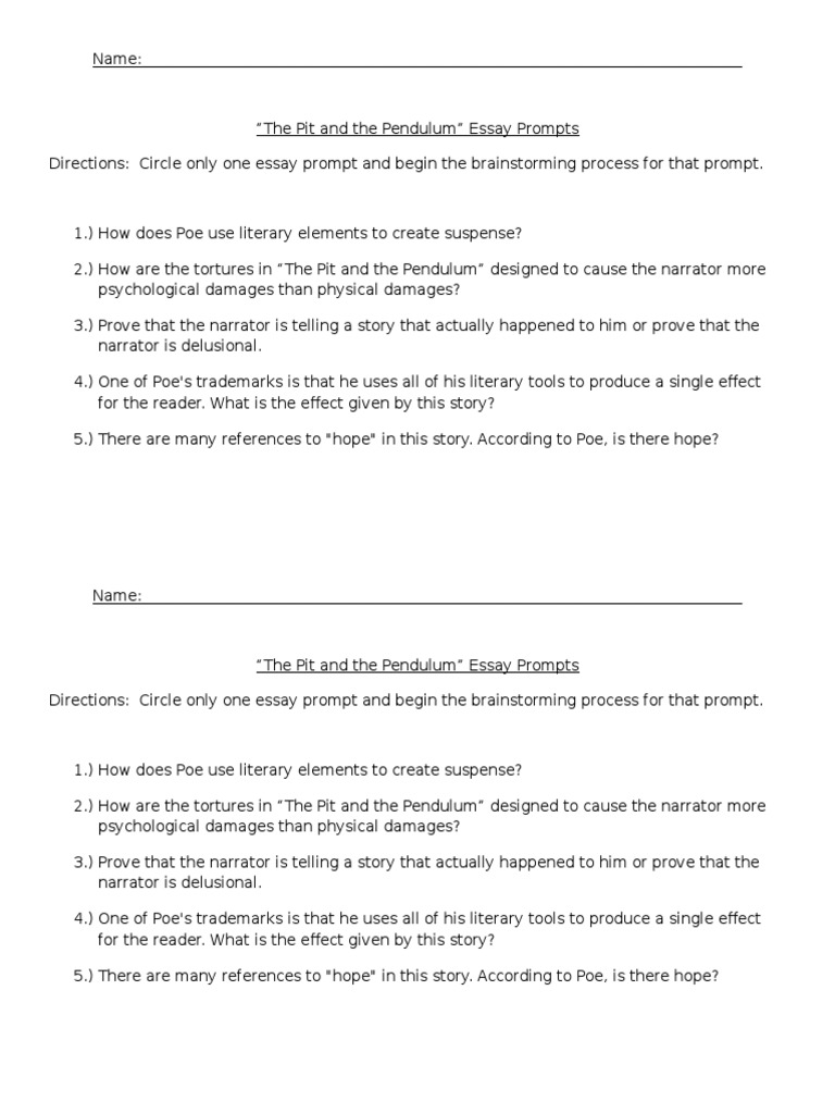 The Pit and The Pendulum Essay Prompts | PDF