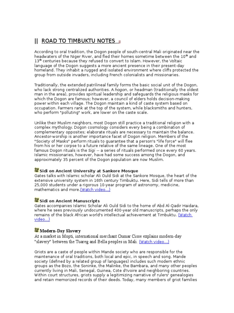 Road To Timbuktu Notes | PDF | Mali | Africa