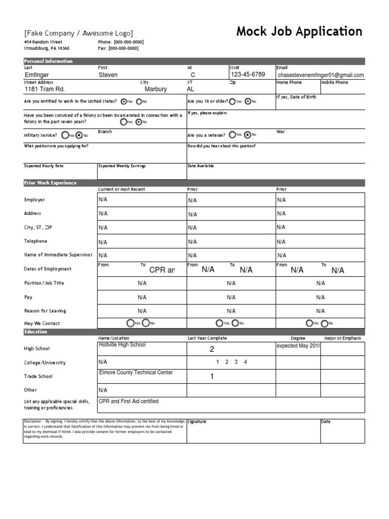 Mock Job Application Template | PDF | Sports & Recreation
