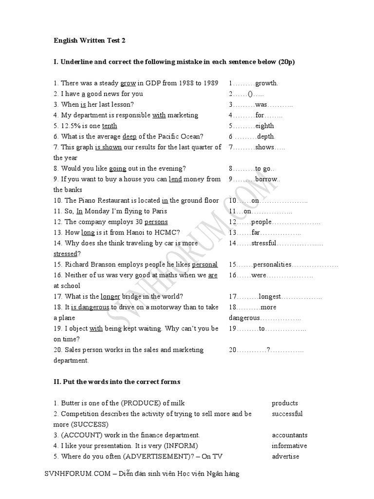 English Written Test 2 I. Underline and Correct The Following Mistake ...