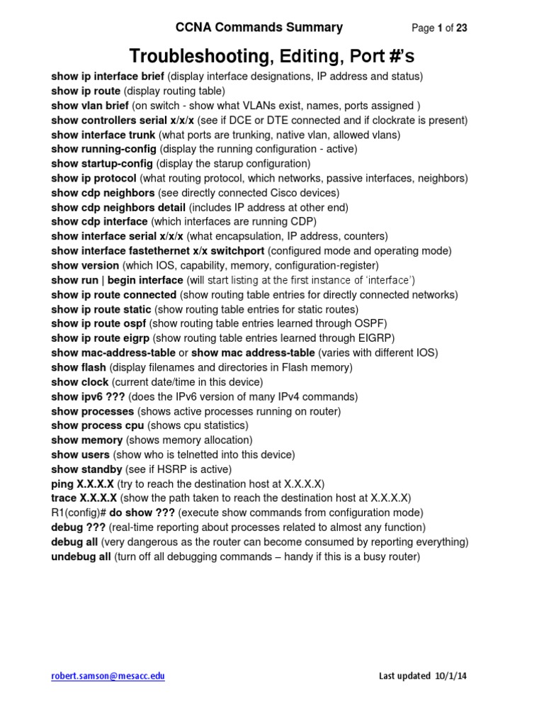 CCNA IOS Commands Summary 10-1-14 | PDF | Ip Address | I Pv6