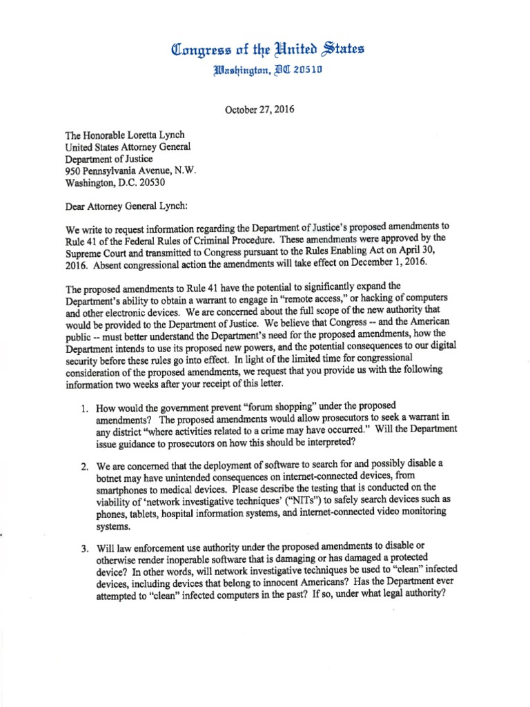 Rule 41 Letter to DOJ From Congress October 2016