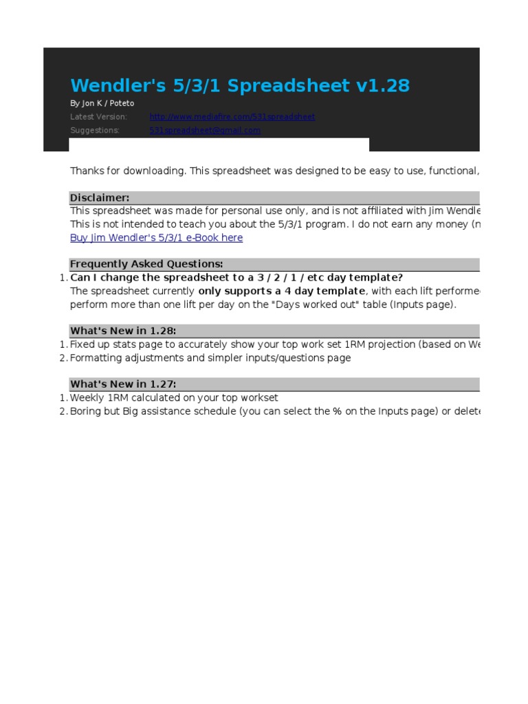 Wendler 5/3/1 Spreadsheet v1.28 | PDF | Spreadsheet | Individual Sports
