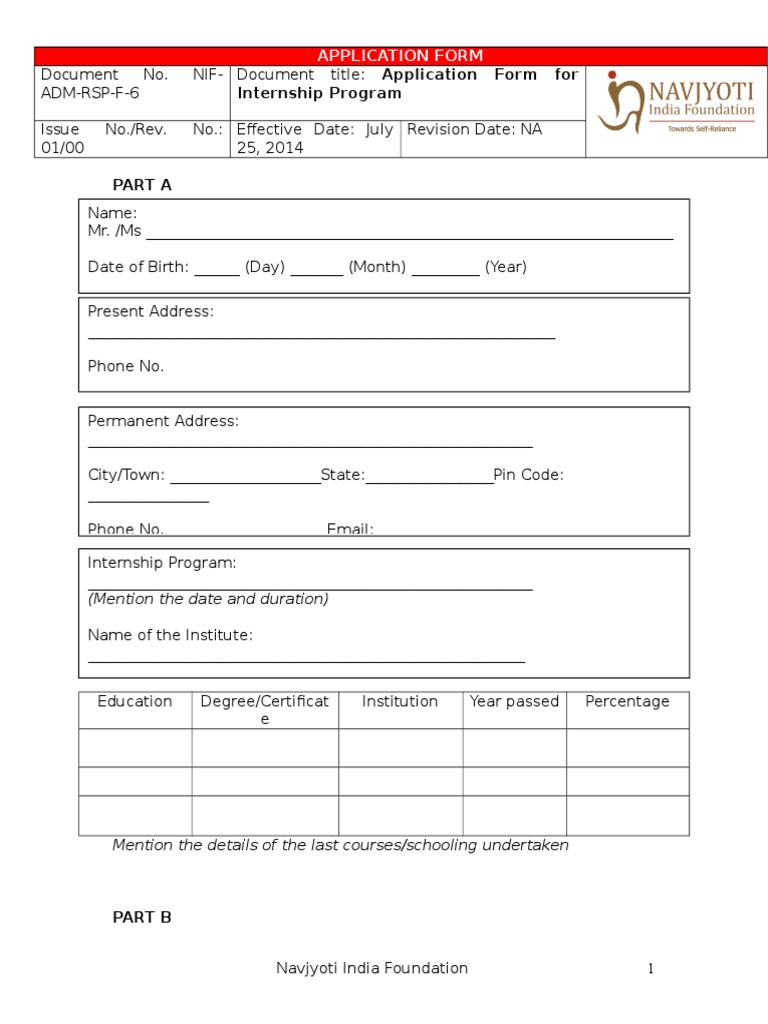 Application Form For Internship Program (NIF-ADM-RSP-F-6) | PDF