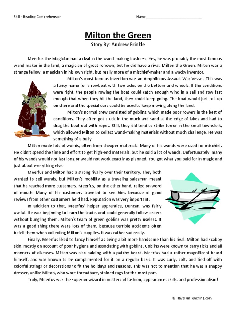 Milton The Green Sixth Grade Reading Comprehension Worksheet PDF | PDF ...