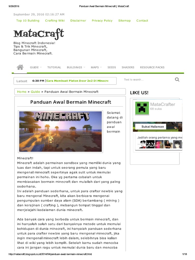 Panduan Awal Bermain Minecraft - MataCraft | PDF