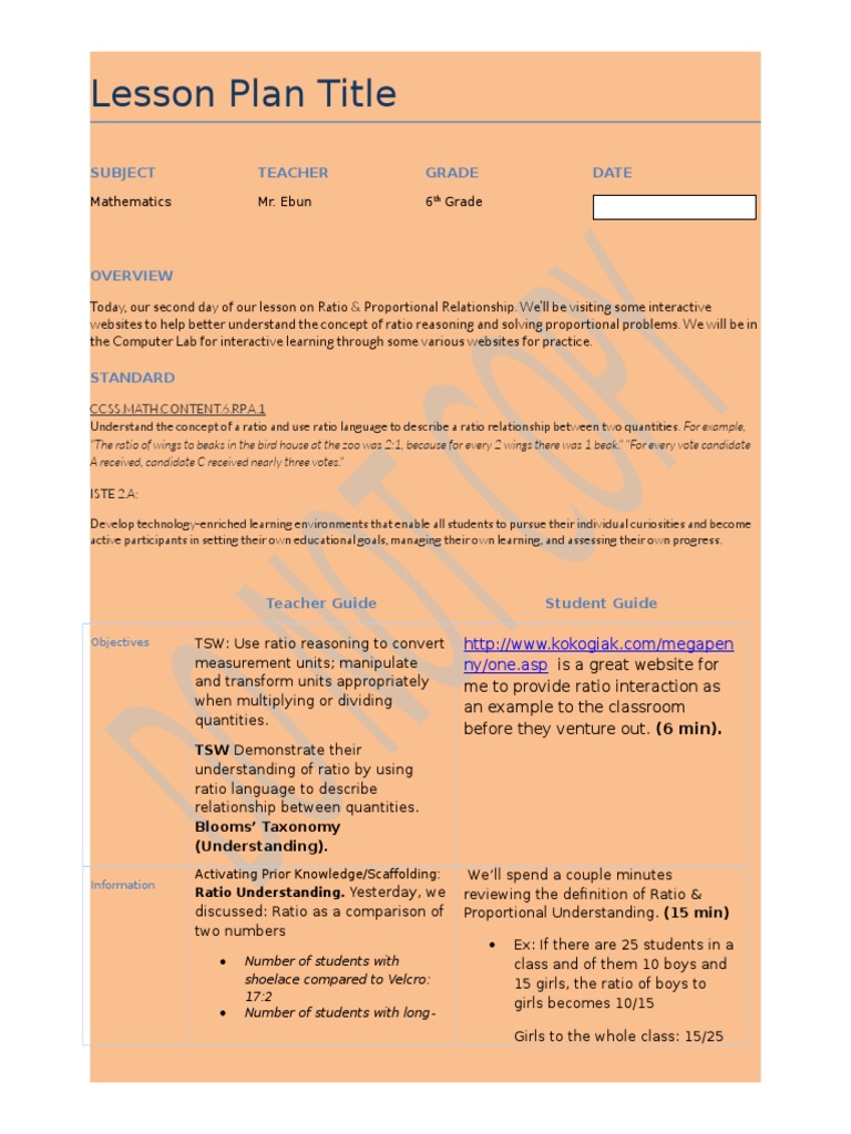 Lesson Plan Title: Subject Teacher Grade Date | PDF | Ratio | Lesson Plan