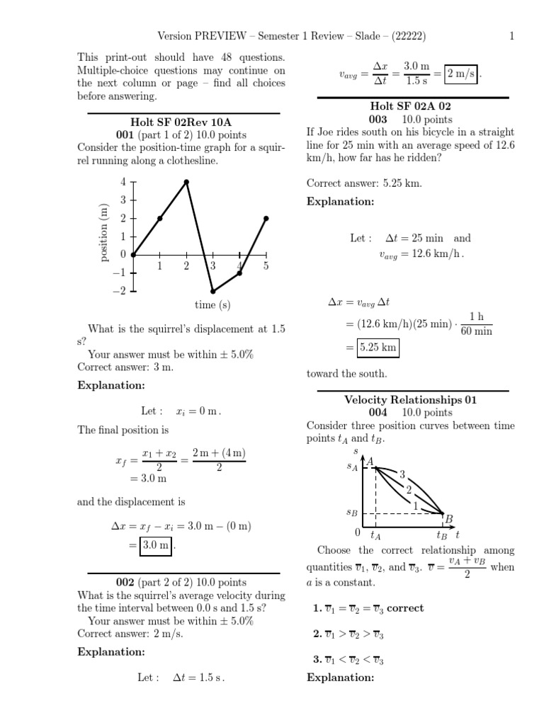 Semester 1 Physics Review Questions | PDF | Force | Motion (Physics)