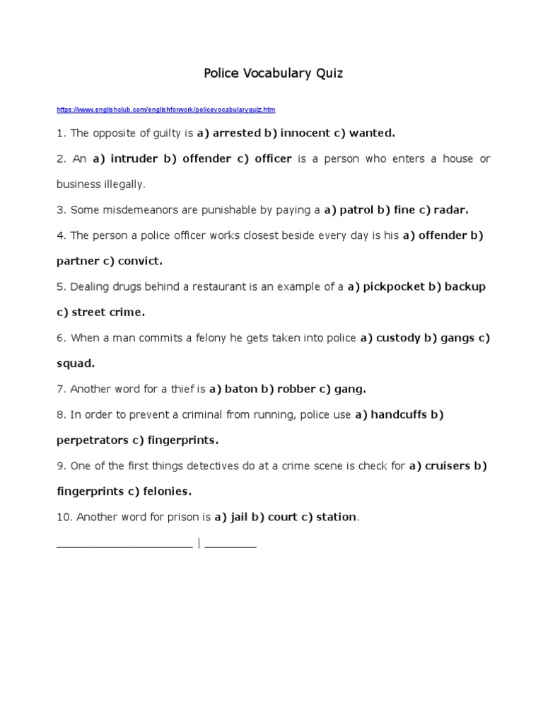Police Vocabulary Quiz | PDF